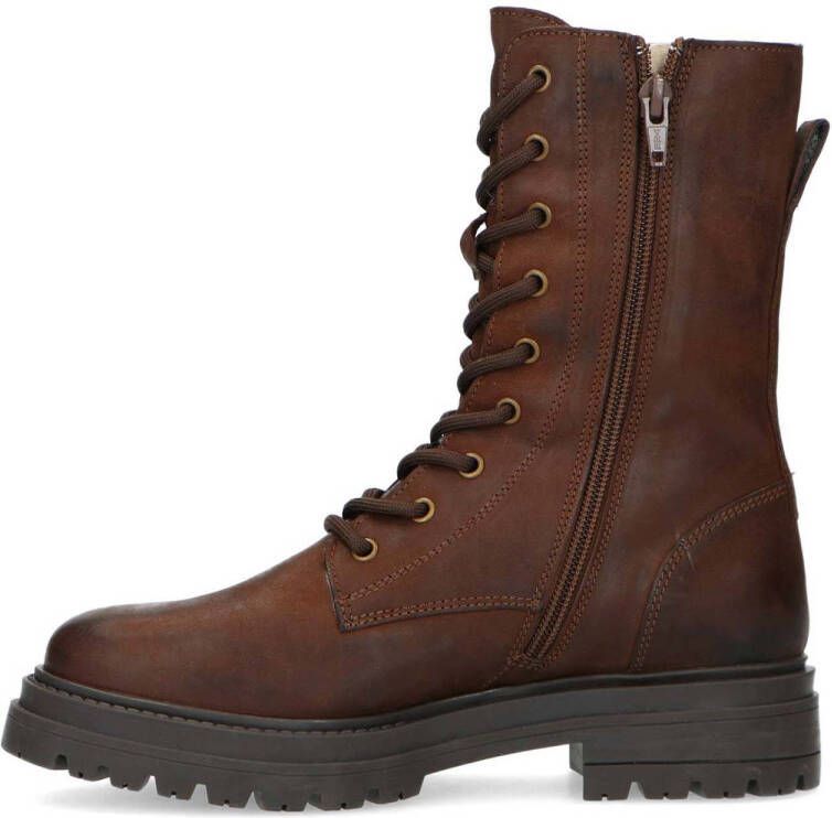 Manfield Dames Bruine leren veterlaarsjes met bont - Schoenen.nl