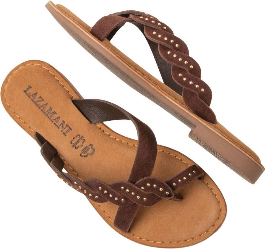 Lazamani Lena suède slippers met studs bruin - Schoenen.nl