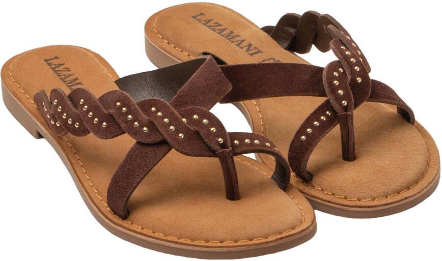Lazamani Lena suède slippers met studs bruin - Schoenen.nl